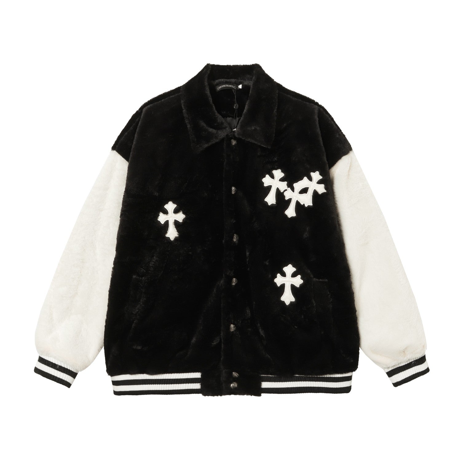 Chrome Hearts Faux Fur Cross Varsity Jacket - Black White Gothic Stree ...